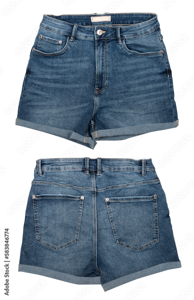 female denim shorts isolated on white background, front and back view ...