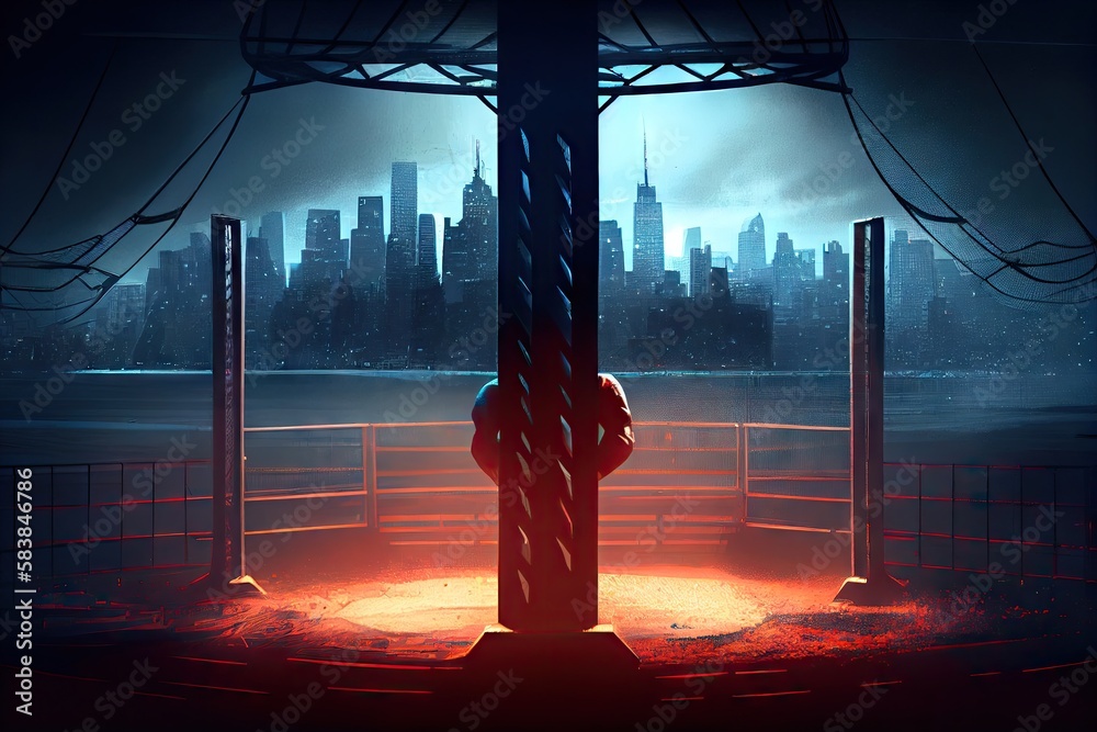 cage fight arena with view of city skyline in the background ...