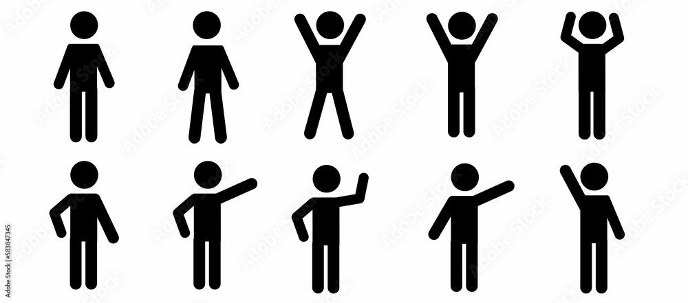 A human figure with different poses and gestures, a set of icons ...