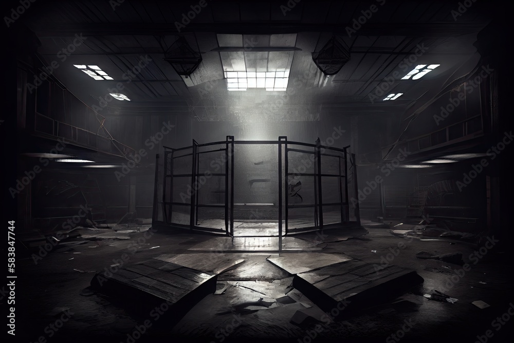 black cage fight arena surrounded by darkened hall, with only the light ...