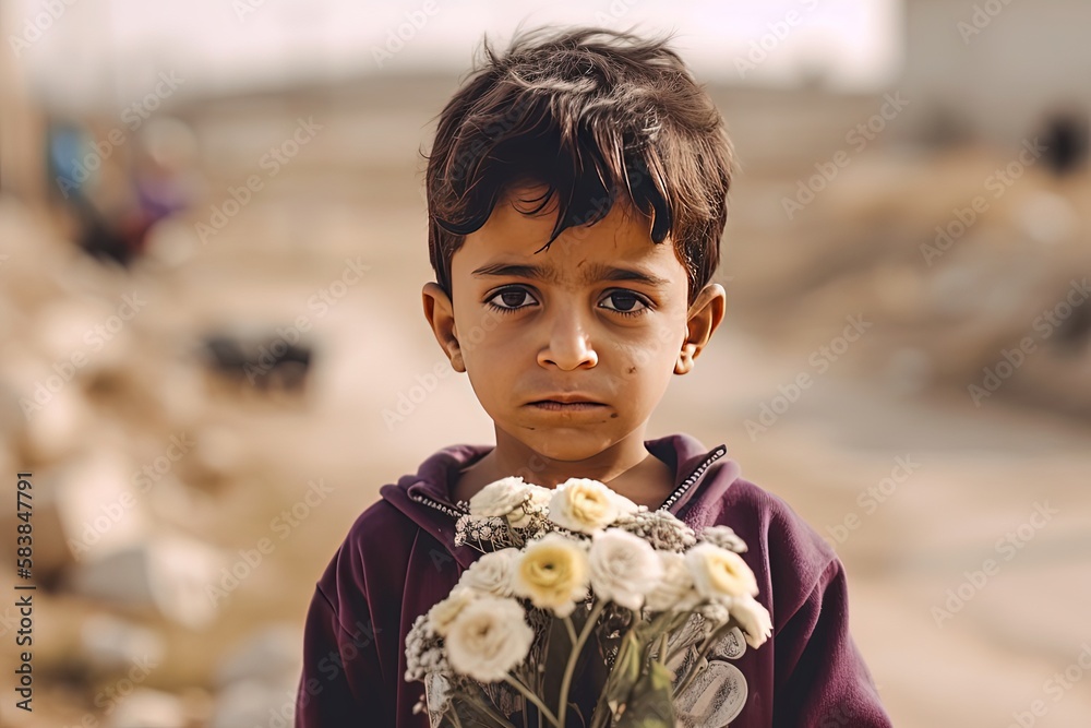 a sad boy with flower bouquet standing in front of collapse buildings ...
