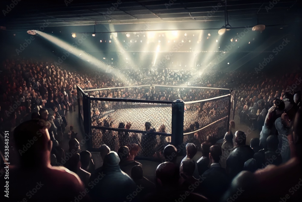 cage fight arena with audience of cheering fans, watching the action, created with generative ai ...