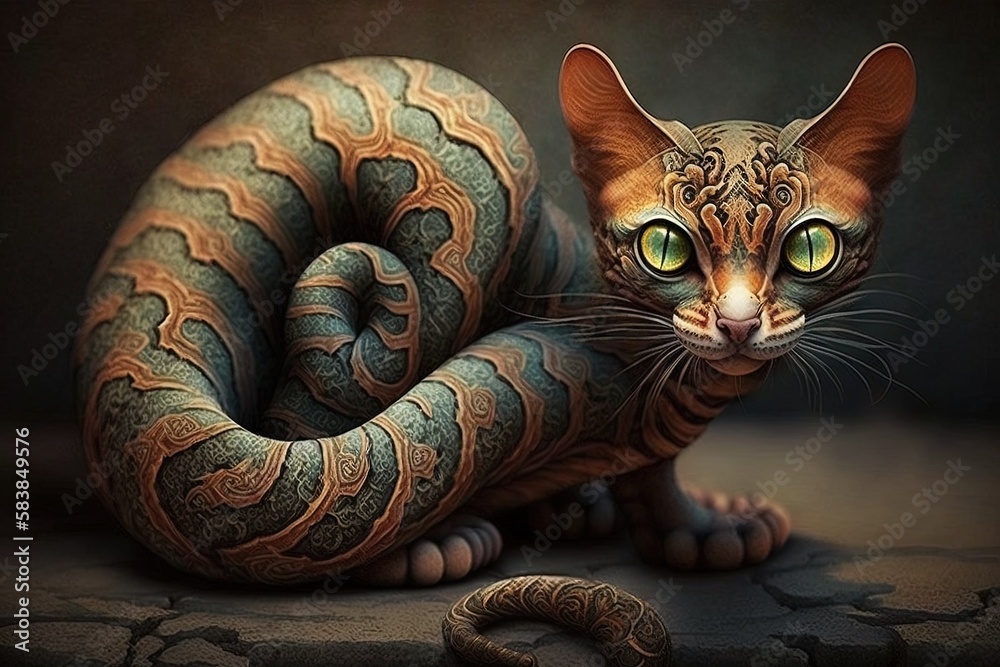 Amazonia Cat with body of a serpent snake illustration generative ai ...