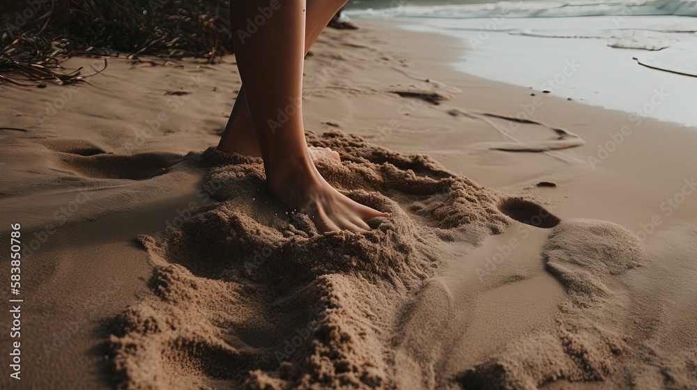 bare feet walking on sand beach toe under sand feel the nature ...