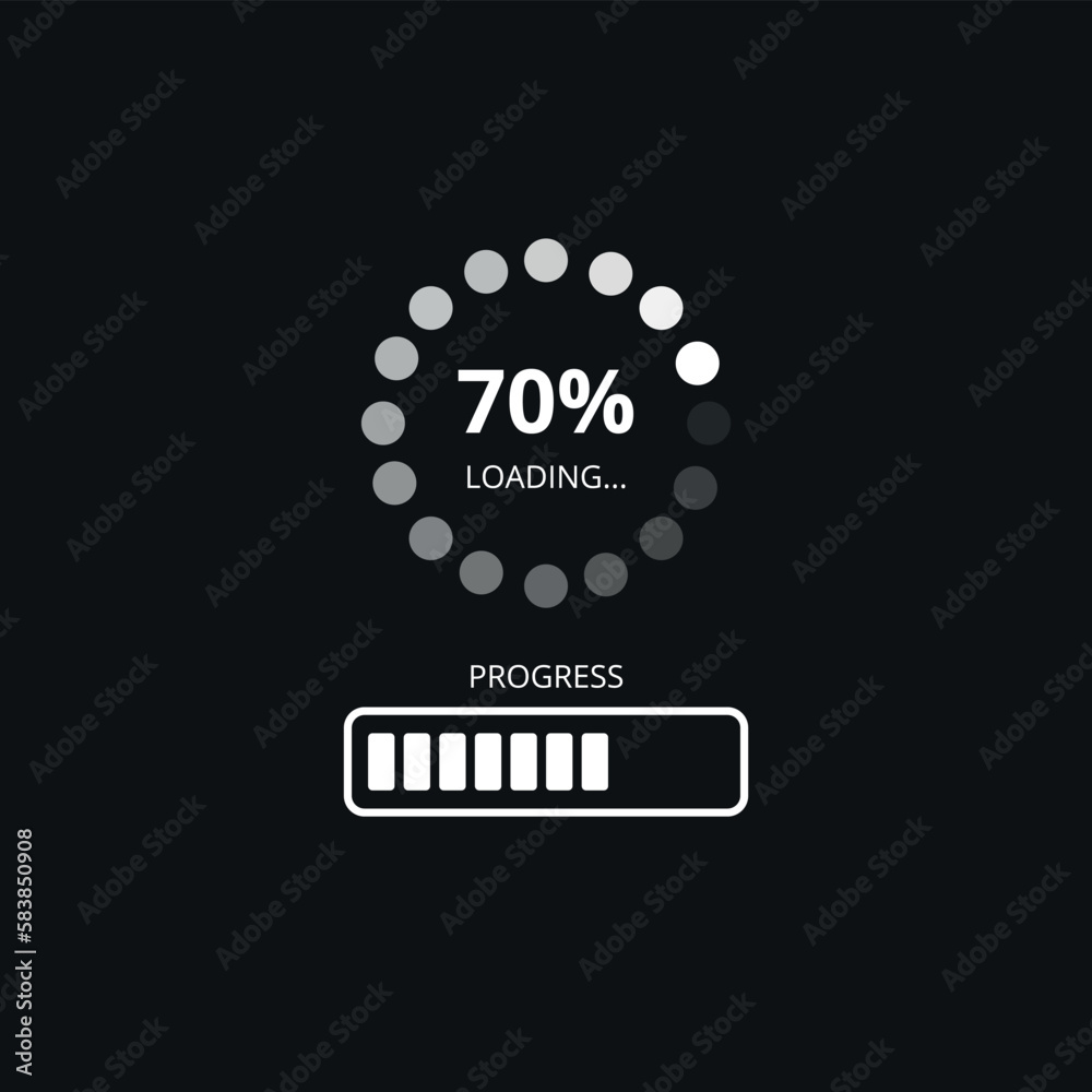 Loading bar at 70%, web preloader on dark background. Update or ...