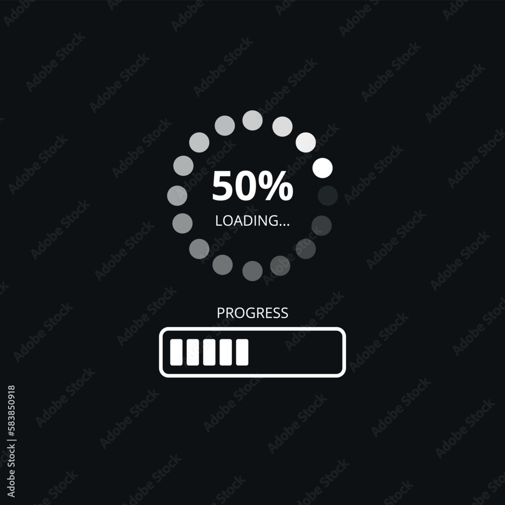Loading bar at 50%, web preloader on dark background. Update or ...