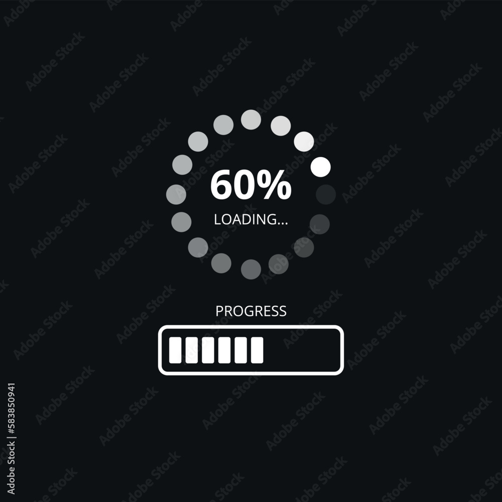 Loading bar at 60%, web preloader on dark background. Update or ...
