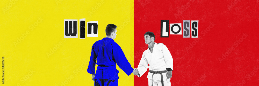 Win and lose. Male martial arts, karate athletes in uniforma shaking ...