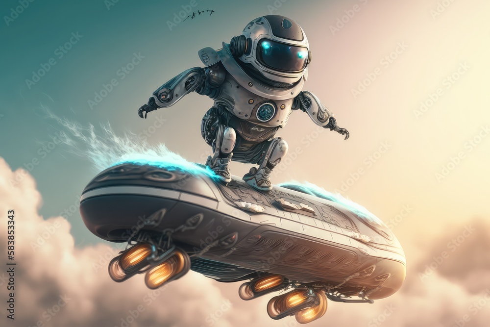 chatbot robot on a futuristic hoverboard, flying in the air, created ...