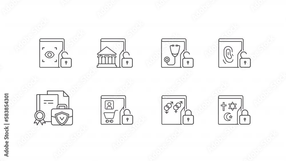 Animated documents linear icons. Confidential information access. Sensitive data. Seamless loop ...
