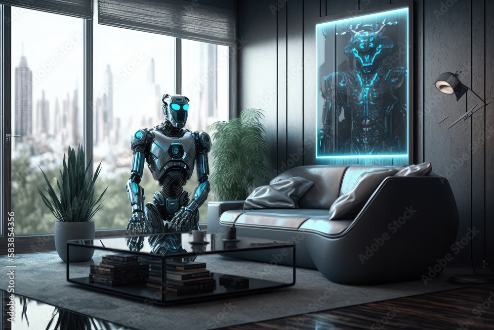 chatbot robot in futuristic living room, with floating holographic ...