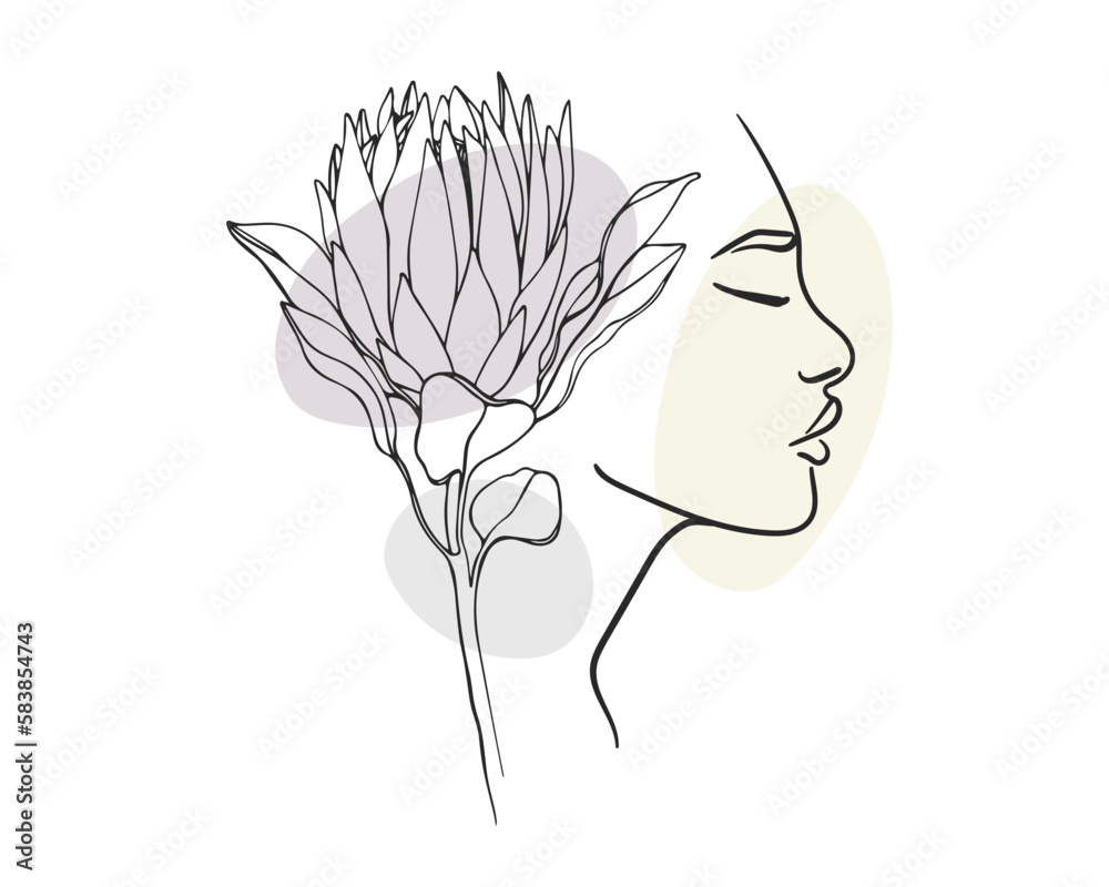 Line drawing of a woman face with protea flower and color shapes on a ...