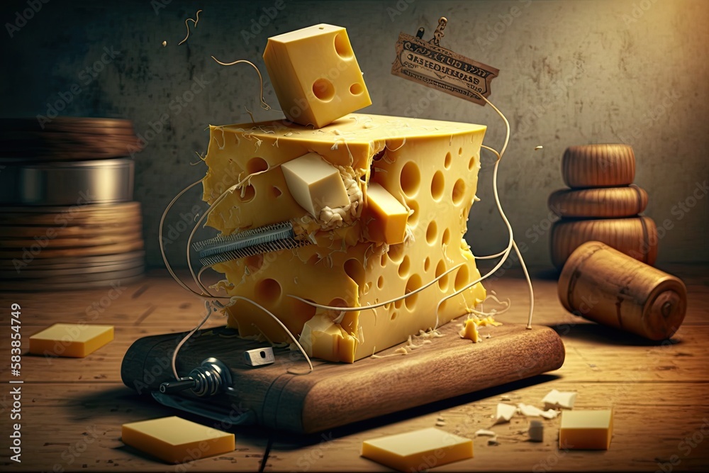 pile of cheese, with mousetrap and wooden plank visible, created with ...