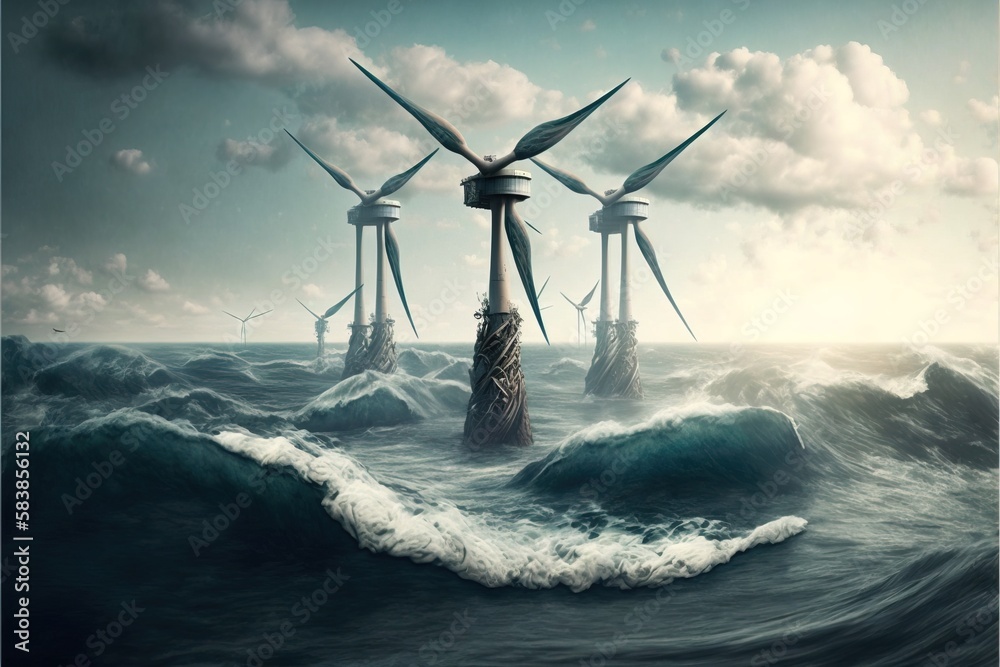 Ocean Wind Farm. Windmill farm in the ocean. Offshore wind turbines in ...