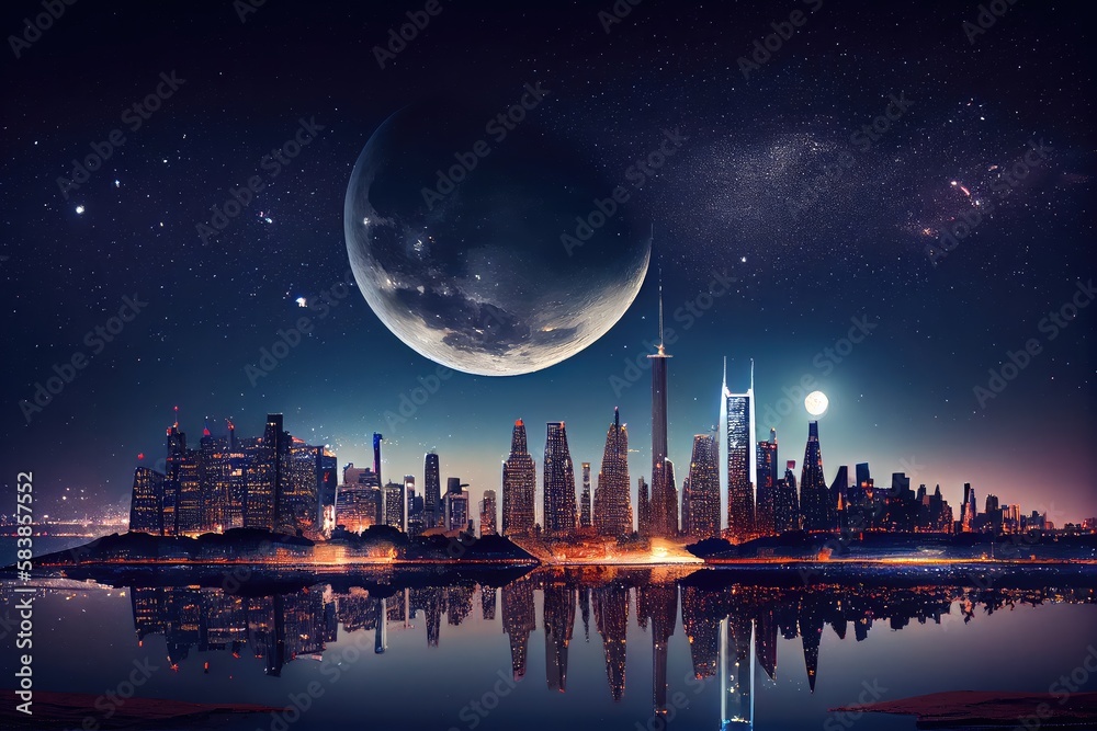 city skyline at night, with the moon and stars shining overhead, created with generative ai ...