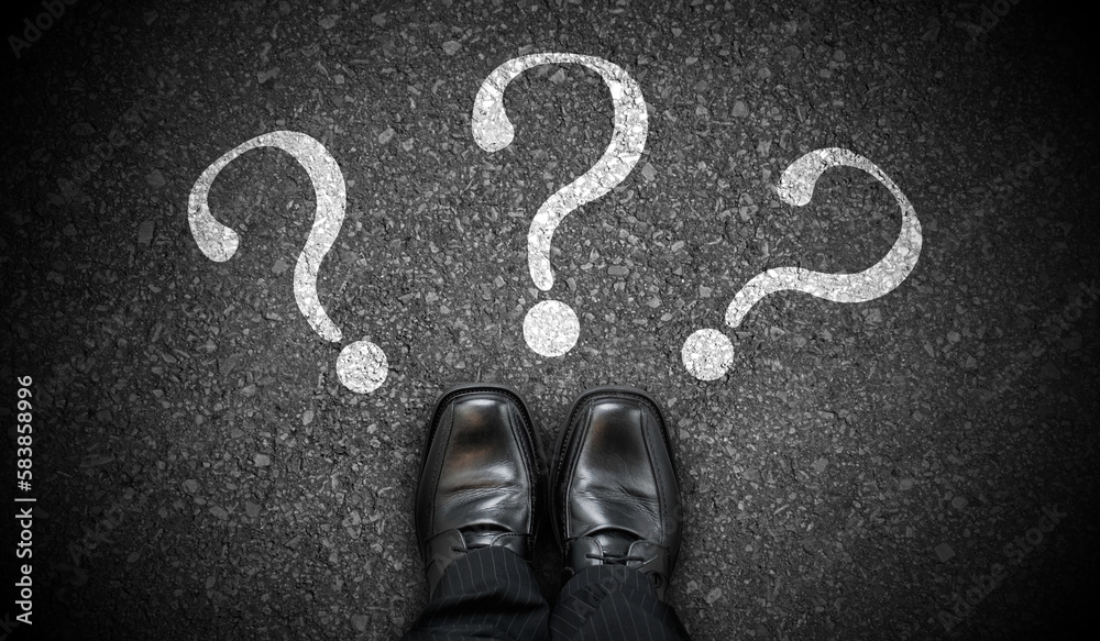 Black business shoes and three question marks - problem concept Stock ...