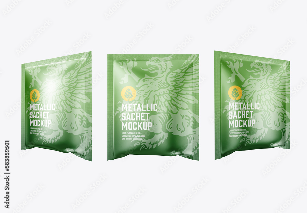 Set 3 Metallic Liquid Sachets Mockup Stock Template | Adobe Stock