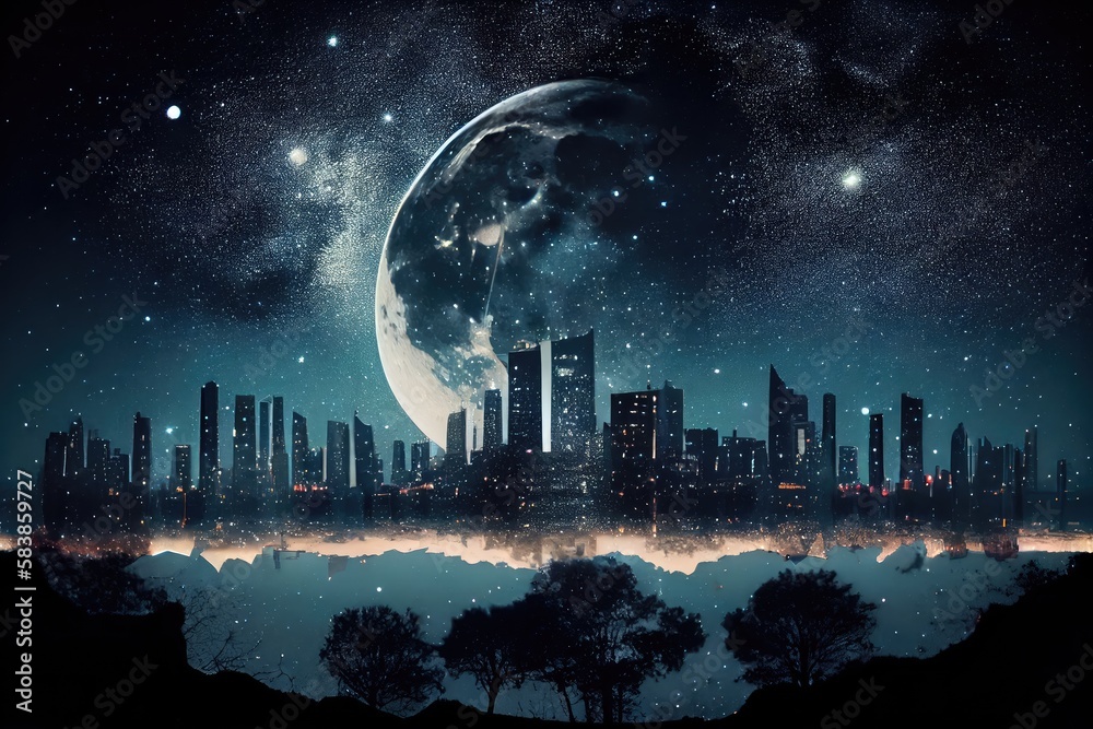 city skyline under a starry night sky, with a view of the moon and ...
