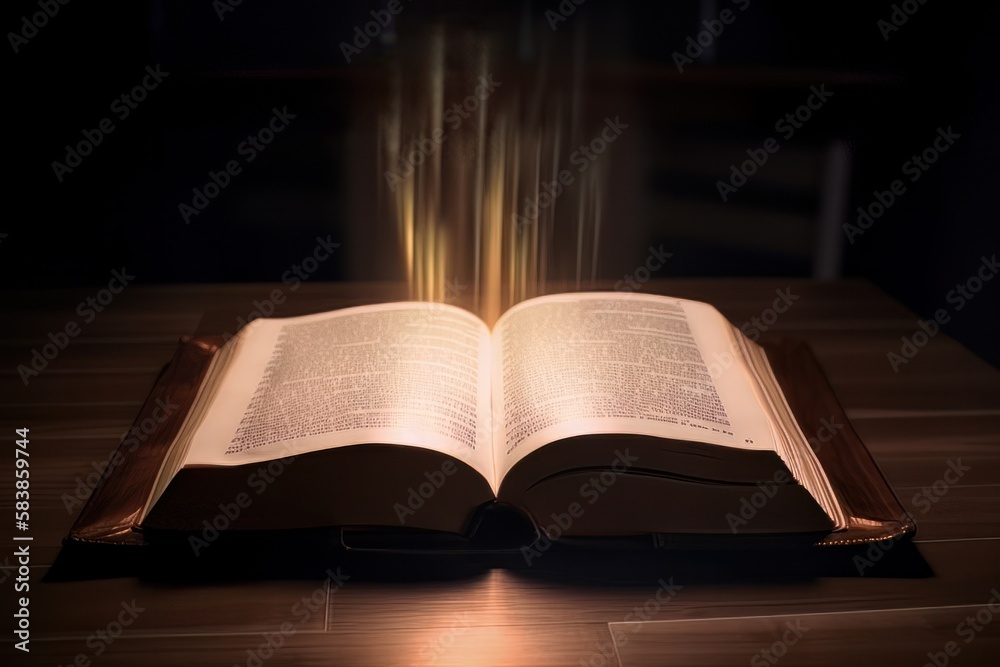 Book emitting light on a dark background. An open book is reflected in ...