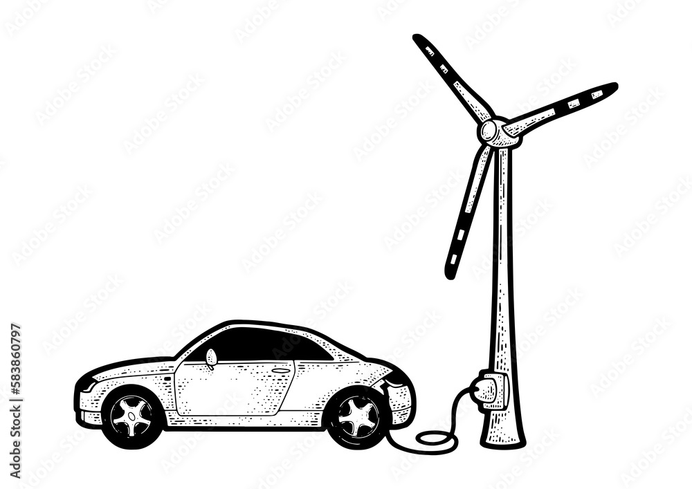 Electroc car charged wind turbine sketch PNG illustration with ...