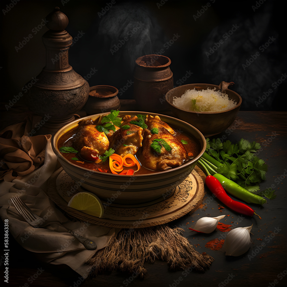flavor and aroma by arranging a bowl of chicken curry in a way that ...