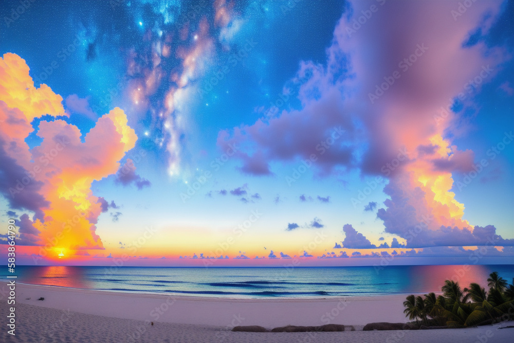 The white sandy beach stretches for miles, surrounded by clear blue ...