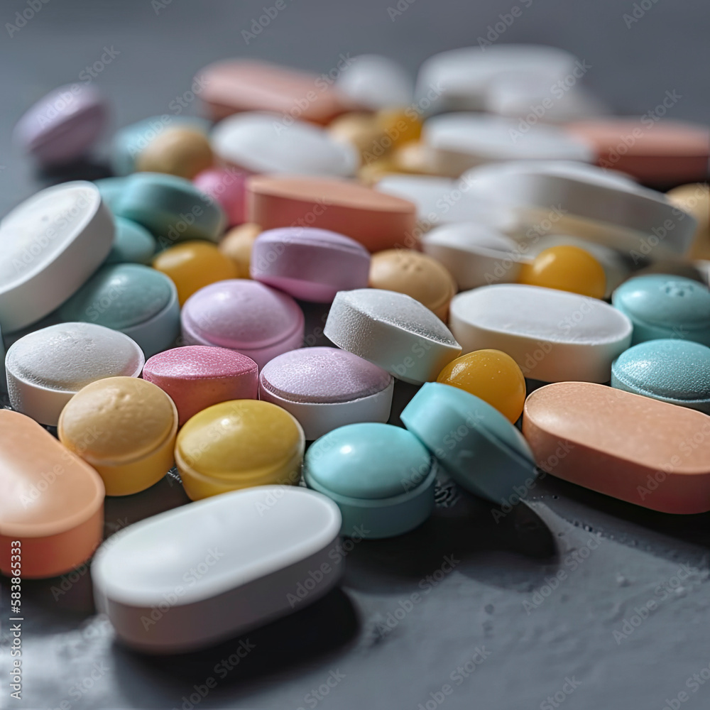 Pile of medication pills in all sorts of colors and shapes in dramatic ...