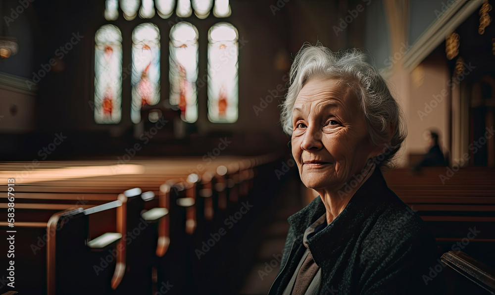 Old woman in a church sitting on a pew looking reflective and smiling ...