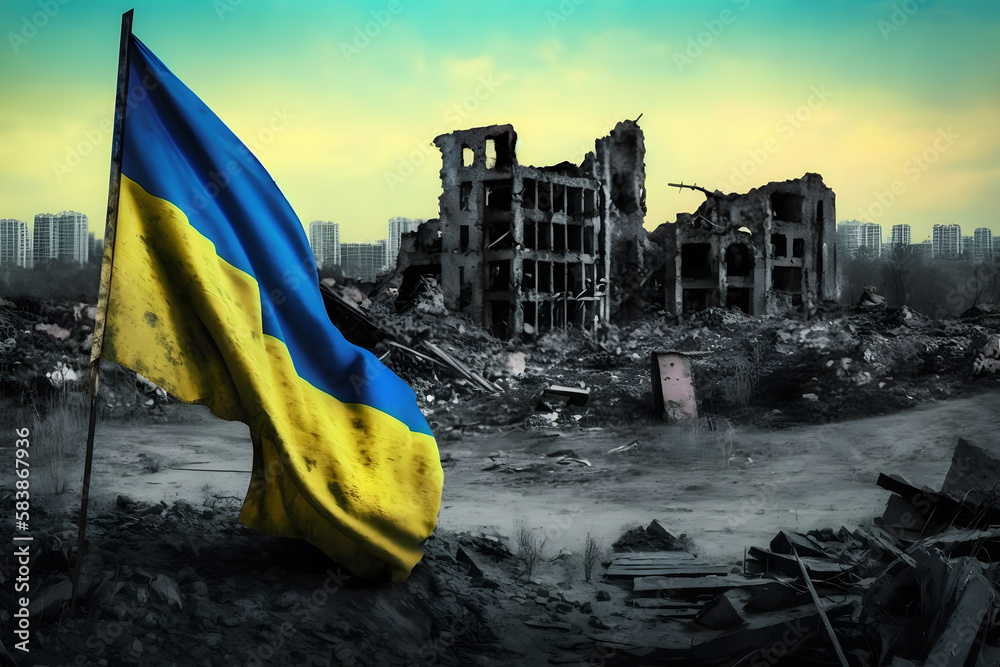 Flag of Ukraine and destroyed building. War concept. Neural network AI ...