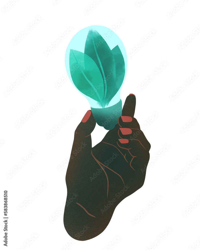 Mano de mujer negra sosteniendo una bombilla con un brote de planta dentro. Concepto de energ√≠a ...