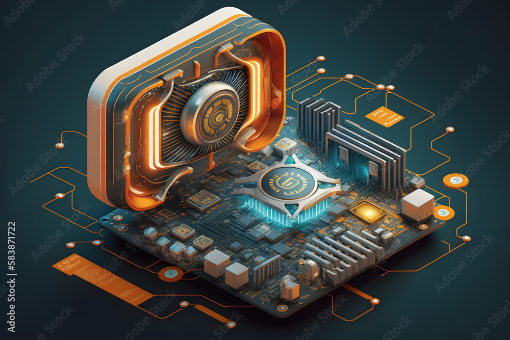 A board with chips and a gaming graphics card processor. Progressive ...