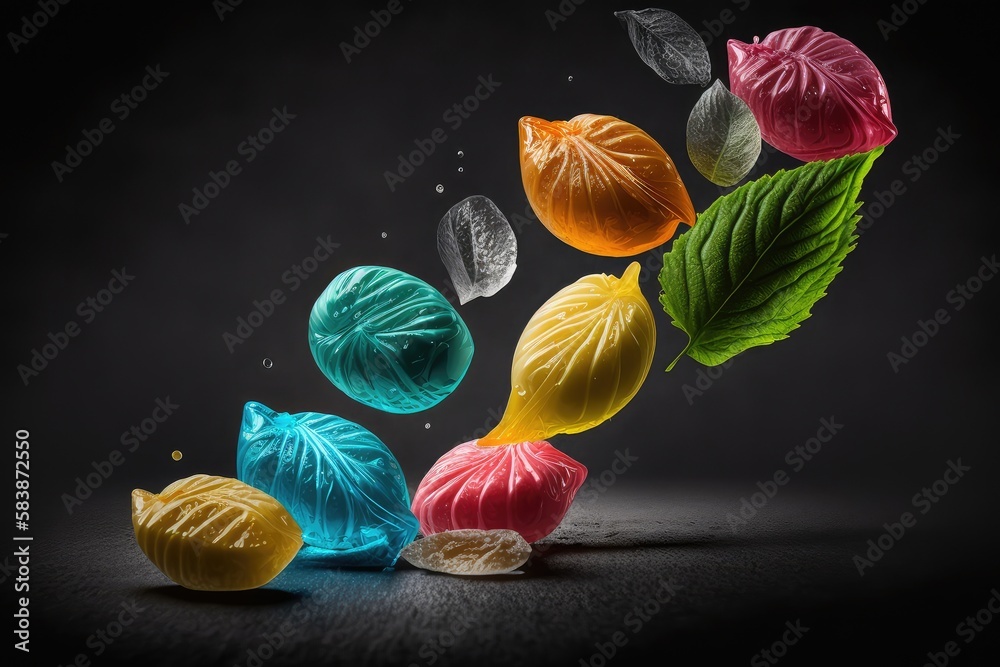 cough drops of various colors and flavors on black background, created ...