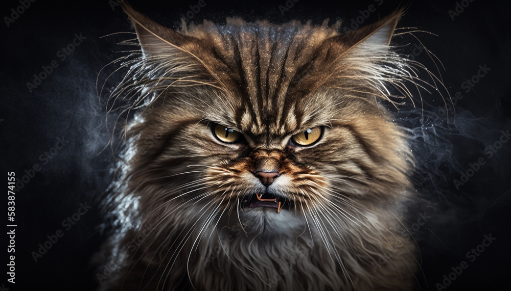 Hissing angry cat portrait. Agressive growling cat or feline. Ai ...