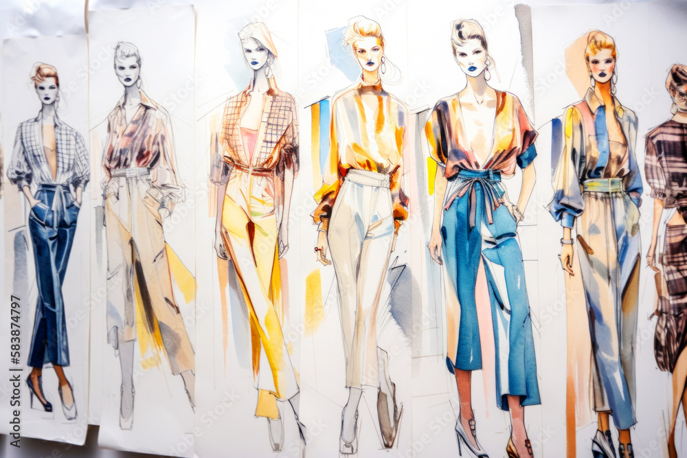 Fashion Book, blending ink pen sketches & watercolor, revealing dress ...
