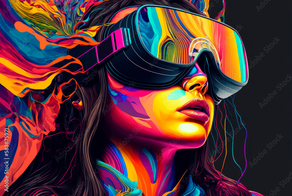 Woman with VR headset exploring the metaverse with an explosion of ...