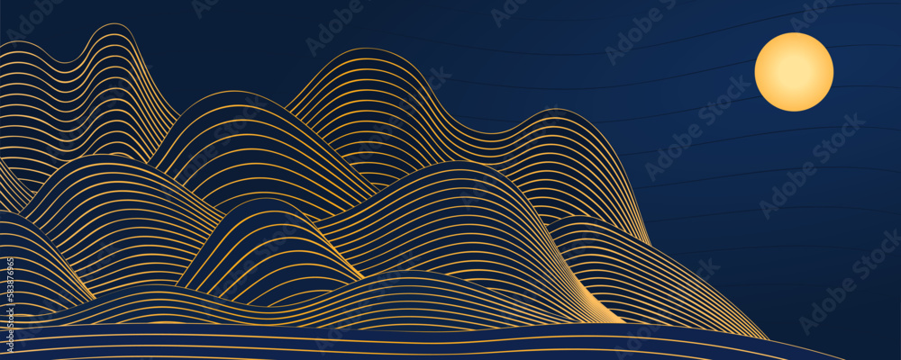 Mountains landscape, moon, waves abstract background. Asian style ...