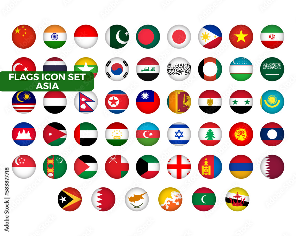 Asian Flag Icons Set. Asia Countries Circled Flags - China, Japan ...