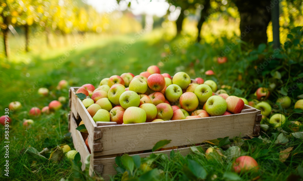 Wooden crate full of picked ripe apples. Some apples scattered around ...