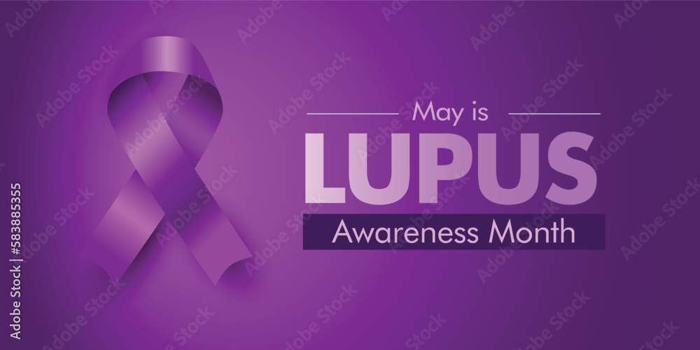 Lupus Awareness Month. May celebration for lupus education. Vector banner with purple ribbon on ...