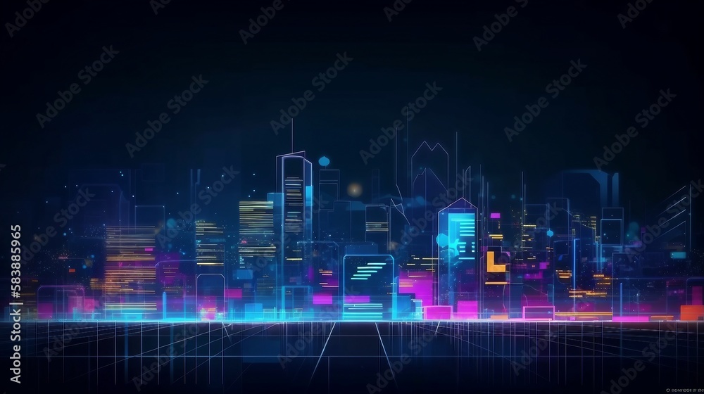 Vector illustration urban architecture, cityscape with space and neon ...