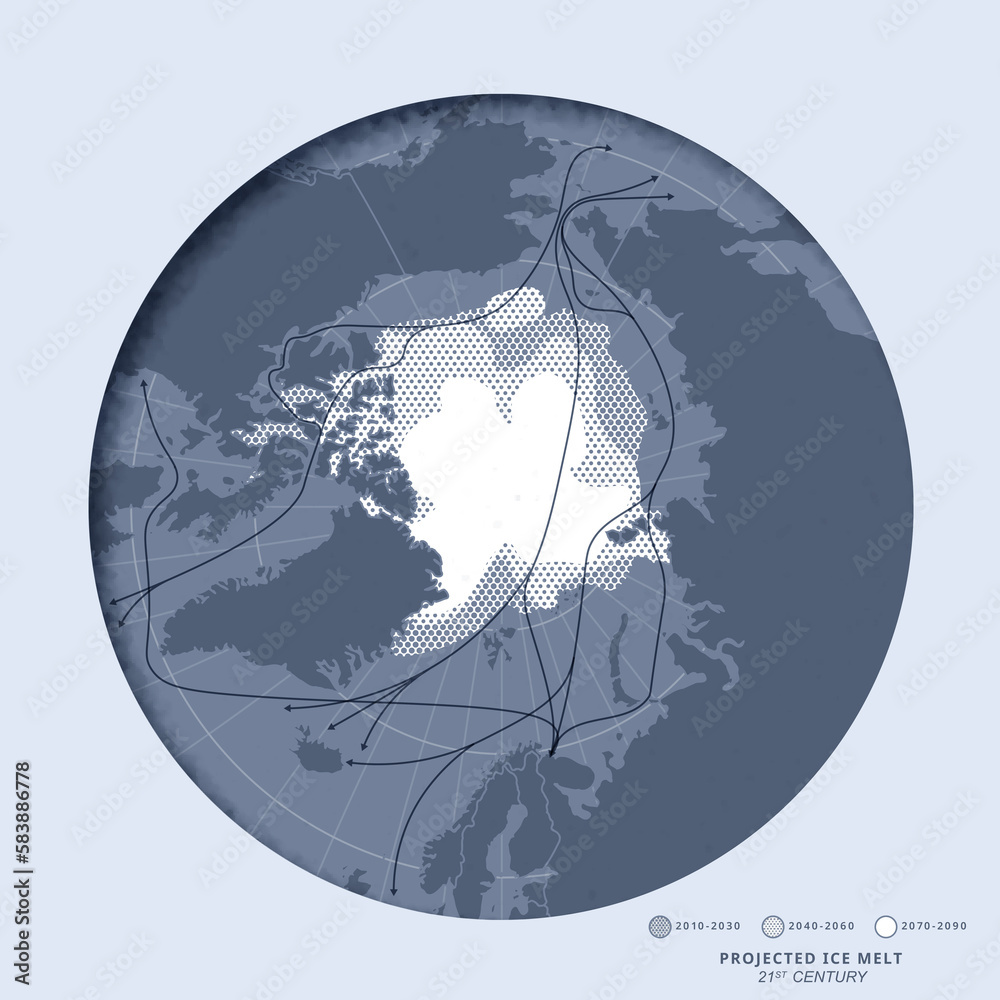 Arctic trade routes and projected ice coverage, map Stock-Illustration ...
