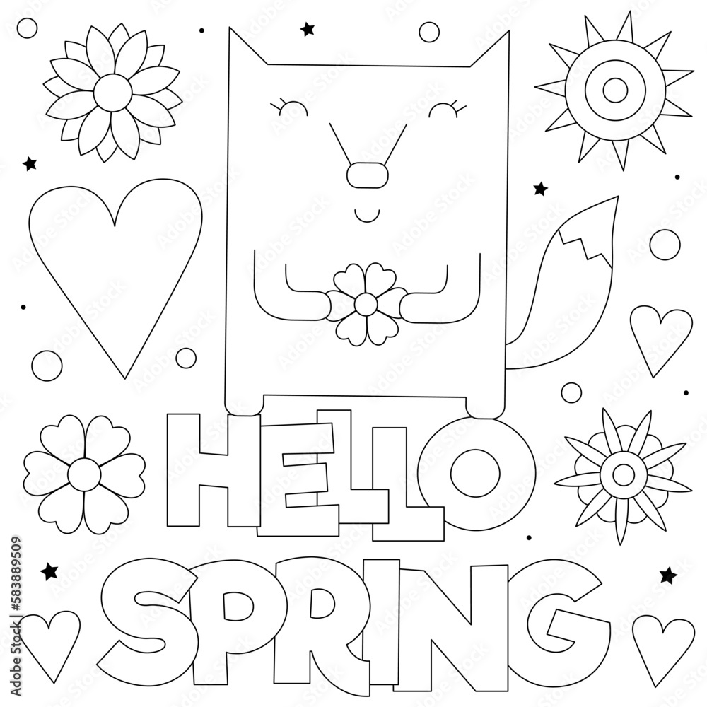 Hello Spring. Coloring page. Vector illustration of a fox. Stock Vector ...