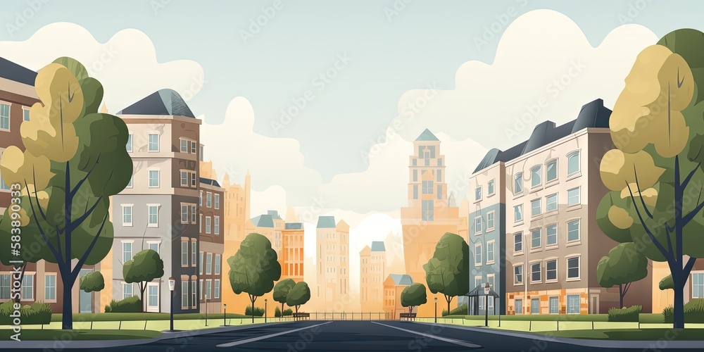 Vector illustration of a main street with nature, buildings, public ...