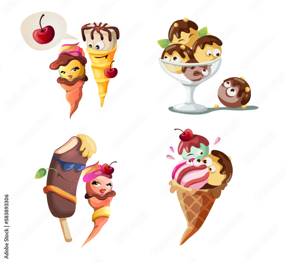 Collection of kawaii ice cream set. Cute cartoon characters. Dancing, walking, stand ice cream ...