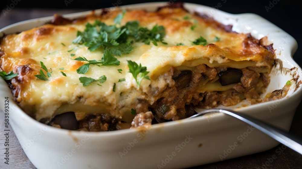 Hearty Greek Moussaka - Layers of Rich Flavor with Eggplant, Potatoes, Seasoned Ground Meat, and ...