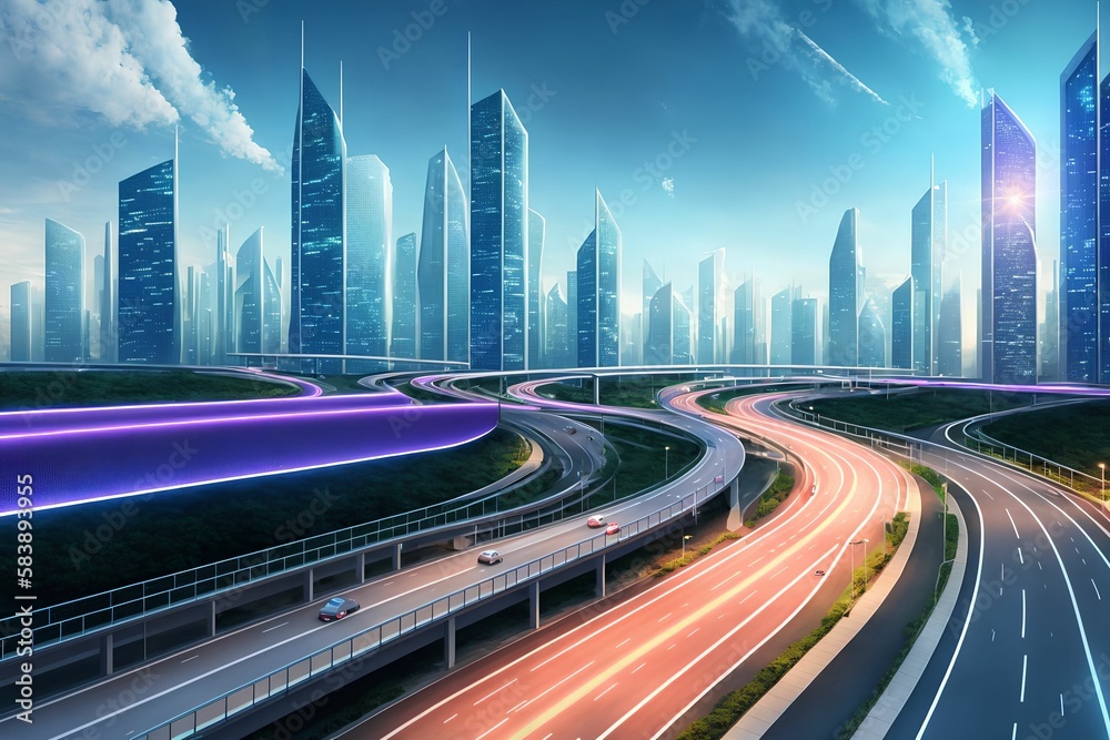 futuristic modern future city with highway road, generative art by A.I ...