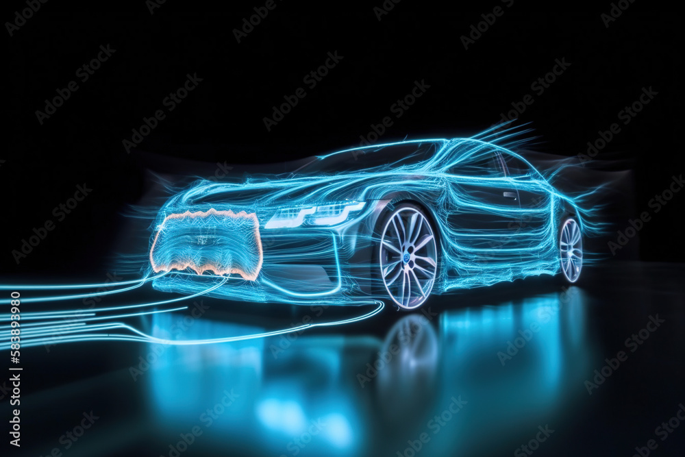 Car illustration with light blue neon lines on black studio background ...
