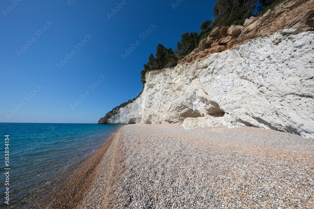 Spiaggia di Vignanotica pebble beach under a white cliff, Mattinata ...