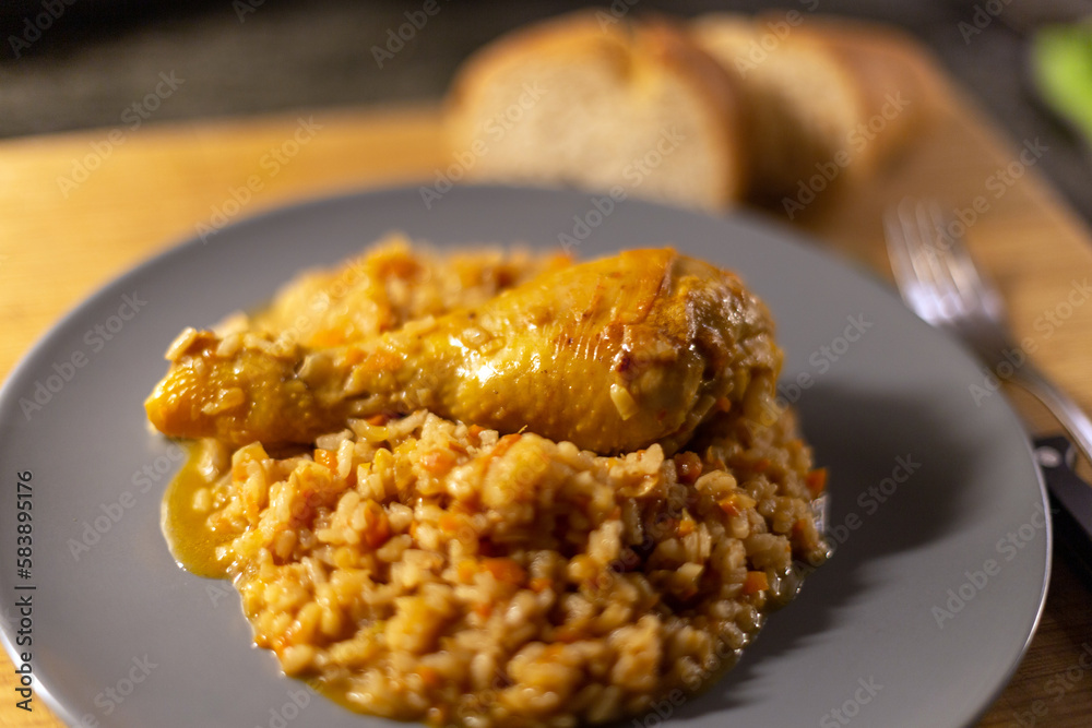 Pollo guisado con arroz. foco selectivo. Galicia. Stock Photo | Adobe Stock