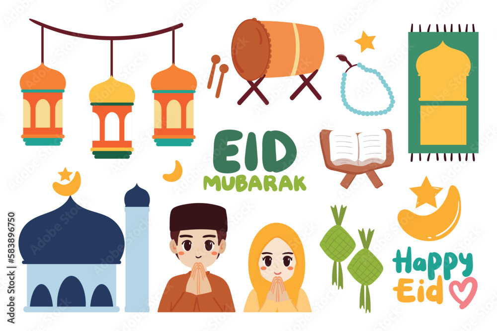 hand drawing cartoon eid mubarak sticker set Stock Vector | Adobe Stock